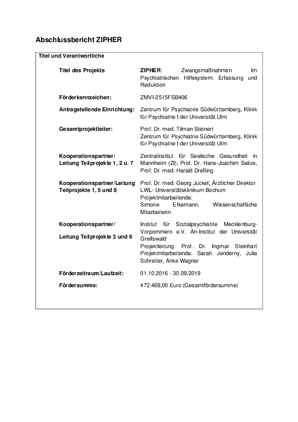 ZIPHER: Zwangsmaßnahmen Im Psychiatrischen Hilfesystem: Erfassung und Reduktion | BMG