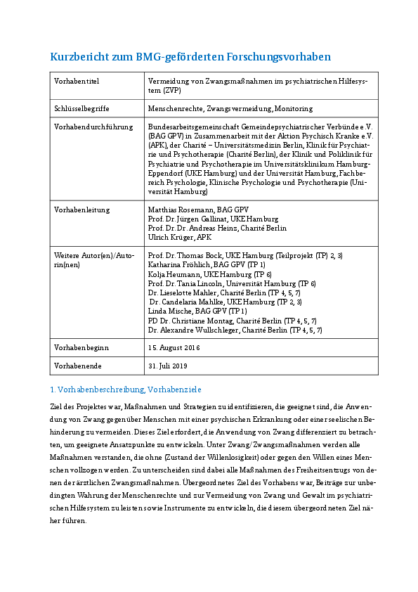 Vermeidung von Zwangsmaßnahmen im psychiatrischen Hilfesystem (ZVP) | BMG